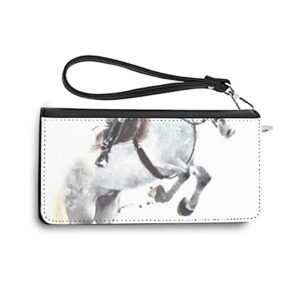 Wristlet Wallets Purse,Horse jumping sport Man watercolor painting on white background,Ladies PU Pockets Large Purse