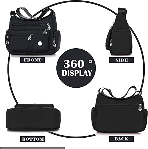 Gladdon Nylon Small Crossbody Bags for Women Multiple Pockets Shoulder Purses Ladies Satchel Purse with Adjustable Strap Black