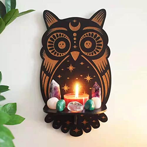 Halloween Decoration Hand Floral Sun and Moon Altar Shelf with-Pendulum and Necklace Stand Wooden Creative Crystal Wall Shelf (Owl)