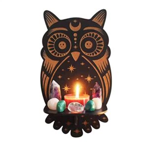 Halloween Decoration Hand Floral Sun and Moon Altar Shelf with-Pendulum and Necklace Stand Wooden Creative Crystal Wall Shelf (Owl)