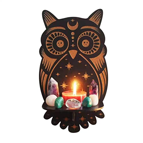 Halloween Decoration Hand Floral Sun and Moon Altar Shelf with-Pendulum and Necklace Stand Wooden Creative Crystal Wall Shelf (Owl)