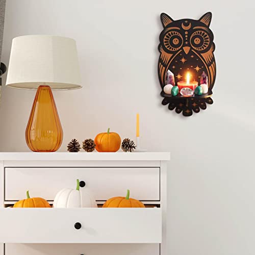 Halloween Decoration Hand Floral Sun and Moon Altar Shelf with-Pendulum and Necklace Stand Wooden Creative Crystal Wall Shelf (Owl)