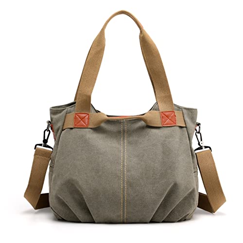 Large Canvas Tote Bag with Zipper Purses for Women Casual Hobo Bags Fabric Handbags Crossbody Bags Shoulder Bag for School (Grayish green)