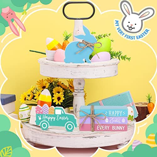 5 Pieces Easter Tiered Tray Decor Easter Farmhouse Wood Decor 3 Faux Books Bundle with Twine Easter Truck Sign and Wood Rabbit Sign Bunny Egg Spring Wooden Sign Tiered Tray for Easter Decor (Bunny)