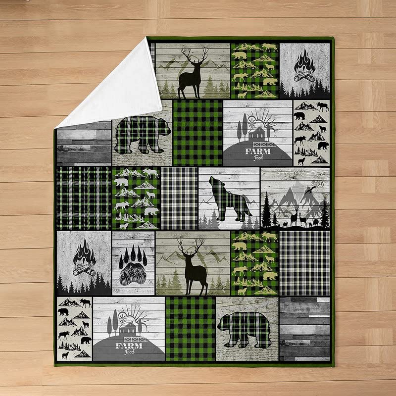 Feelyou Wildlife Flannel Fleece Blanket Set Rustic Western Cabin Bear Deer Plush Throw Blanket, for Sofa Couch Green Grey Buffalo Check Bedding All Season,Bed Blanket Set Room Decor Queen 90"x90"