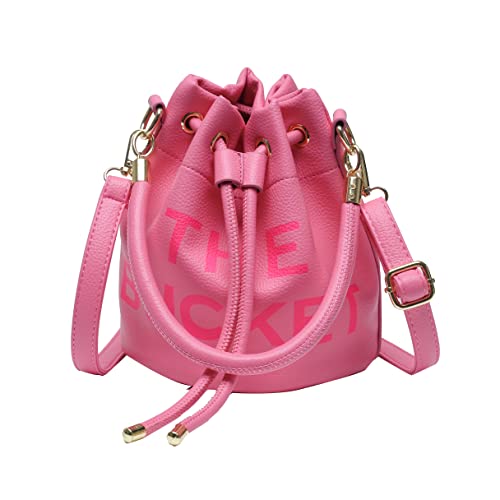 The Bucket Bag for Women, Small Leather Bucket Bag Purse, Crossbody/Handbag/Hobo Bag(7.9 * 7.9 * 8.3in) (Rose Red)