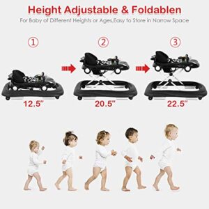 HONEY JOY Baby Walker, Foldable Seated Walker with Wheels, Adjustable Height, Steering Wheel w/Horn, Music & Lights, Removable Food Tray, Padded Seat, Car Walker for Baby Boy Girl Age 6 Months+