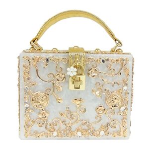 women acrylic flower purses and handbags ladies rhinestones evening crossbody shoulder bag top-handle tote clutch box bag (white)