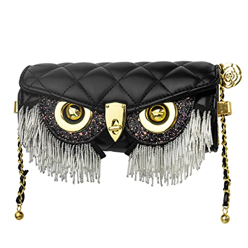 HEYCUE Women's Owl Purse Artificial Rhinestone Evening Clutch Purse Tassel Wedding Party Hand Bags Crossbody Bag With Adjustable Chain