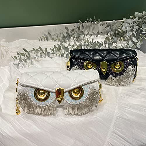 HEYCUE Women's Owl Purse Artificial Rhinestone Evening Clutch Purse Tassel Wedding Party Hand Bags Crossbody Bag With Adjustable Chain