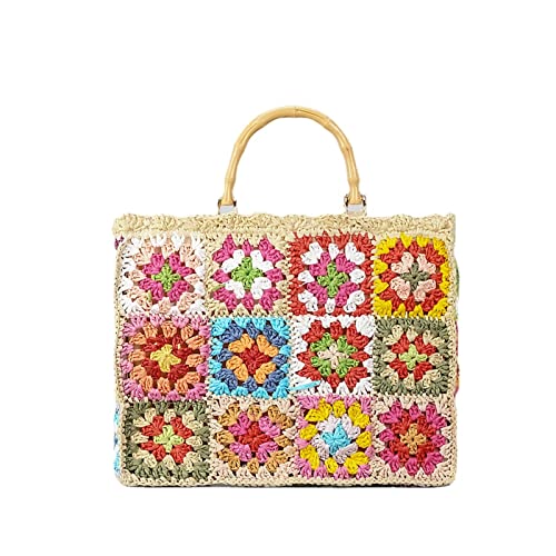 Bohemian Granny Square Handbags Casual Paper Woven Bamboo Handle Women Hand Bags Handmade Beach Bag Large Tote Purse (Beige)