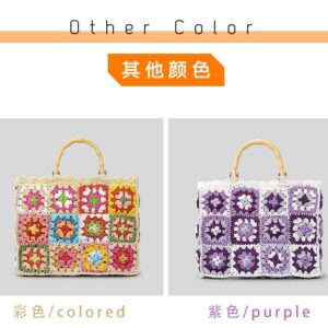 Bohemian Granny Square Handbags Casual Paper Woven Bamboo Handle Women Hand Bags Handmade Beach Bag Large Tote Purse (Beige)