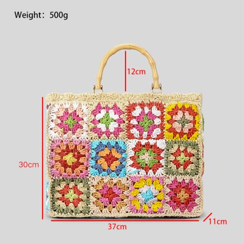 Bohemian Granny Square Handbags Casual Paper Woven Bamboo Handle Women Hand Bags Handmade Beach Bag Large Tote Purse (Beige)