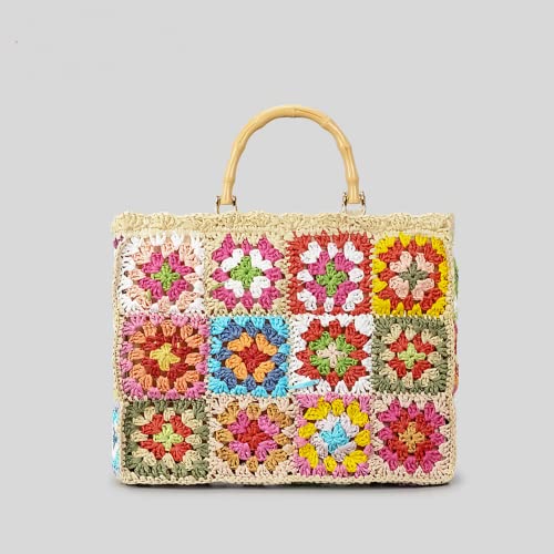 Bohemian Granny Square Handbags Casual Paper Woven Bamboo Handle Women Hand Bags Handmade Beach Bag Large Tote Purse (Beige)