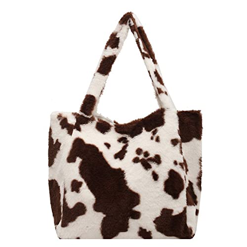 Winter Plush Cows Leopard Print Tote Bag Fluffy Large Shoulder Handbag Furry Beach Bag Soft Warm (brown)