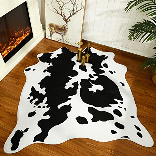 Espiraio Cow Print Rug, Cute Area Rug for Living Room Bedroom Nursery Room, Super Soft Non-Slip Faux Animal Print Carpet for Kids, Suitable for Western Room Decor, Black and White, 4.6x5.2 Feet