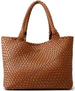 woven bag for women, fashion top handle shoulder bag vegan leather shopper bag large travel tote bag (brown)