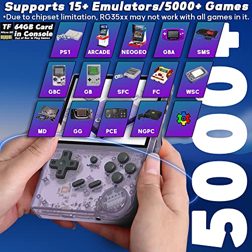 RG35XX Handheld Game Console 3.5 inch IPS Retro Games Consoles Classic Emulator Hand-held Gaming Console Preinstalled Hand Held Video Games System with Portable Case 64GB Transparent Purple