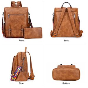 HKCLUF Backpack Purse for Women Vegan Leather Travel Backpack Multipurpose Design Convertible Satchel Bag Handbag and Purse 2Pcs Pack Backpack with Tassel(Brown)