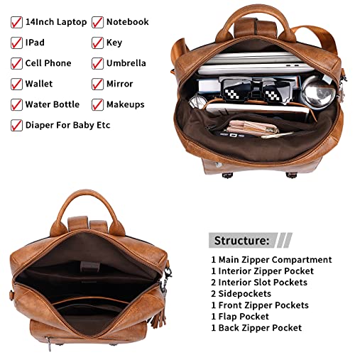 HKCLUF Backpack Purse for Women Vegan Leather Travel Backpack Multipurpose Design Convertible Satchel Bag Handbag and Purse 2Pcs Pack Backpack with Tassel(Brown)