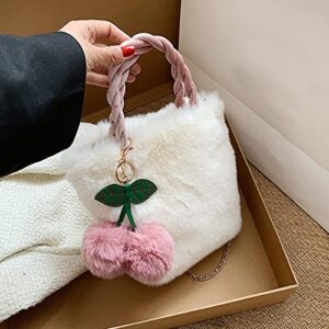 A/R Fluffy Tote Bag Y2K Plush Crossbody Bag Fluffy Shoulder Bag Cute Cherry Accessory Handbag for Women Girls White