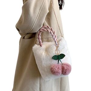 A/R Fluffy Tote Bag Y2K Plush Crossbody Bag Fluffy Shoulder Bag Cute Cherry Accessory Handbag for Women Girls White