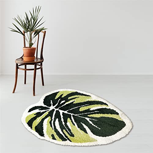 THRILRUG Monstera Leaf Area Tufted Rugs Non Slip Bath Mat Tufted Rug,Ultra Soft Washable Children Play Plant Leaves Shaped Kids Pets Floor Mat Carpet for Bedroom,Living Room Green 2.2'×3'