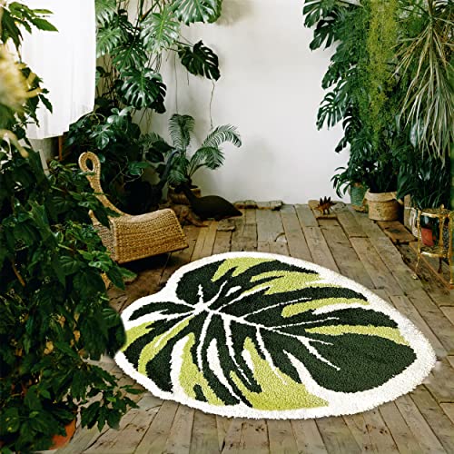 THRILRUG Monstera Leaf Area Tufted Rugs Non Slip Bath Mat Tufted Rug,Ultra Soft Washable Children Play Plant Leaves Shaped Kids Pets Floor Mat Carpet for Bedroom,Living Room Green 2.2'×3'