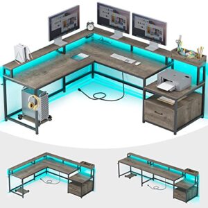 SEDETA L Shaped Desk, 66" Home Office Desk with File Drawer & Power Outlet, Gaming Desk with Led Lights, Corner Computer Desk with Monitor Shelf, Printer Storage Shelves, Two Person Desk, Grey