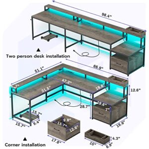 SEDETA L Shaped Desk, 66" Home Office Desk with File Drawer & Power Outlet, Gaming Desk with Led Lights, Corner Computer Desk with Monitor Shelf, Printer Storage Shelves, Two Person Desk, Grey