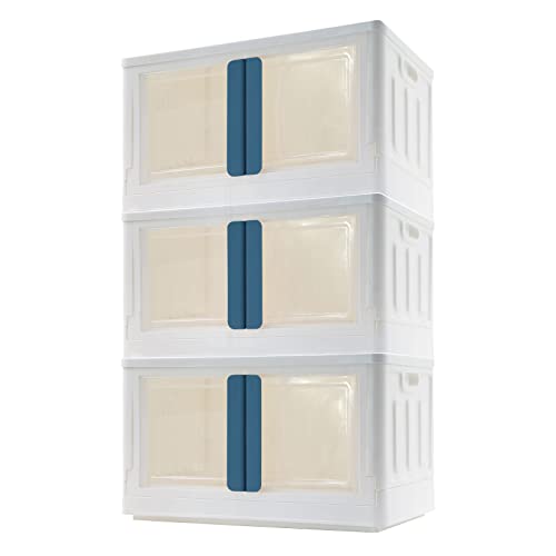 Storage Cabinet Plastic-3Pack,Baby Clothes Organization and Storage 76Quart/19Gallon White Stackable Toy Storage with Lids, Collapsible Storage Box with Wheels Plastic Containers Storage Bins for Kids/Children Room