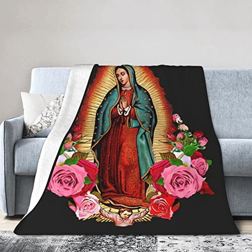 Our Lady of Guadalupe Virgin Mary Blessed Mother Virgen with Flowers(1) Flannel Fleece Throw Blankets Super Soft Cozy Warm Black 50inx40in