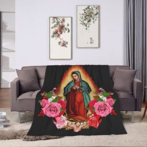 Our Lady of Guadalupe Virgin Mary Blessed Mother Virgen with Flowers(1) Flannel Fleece Throw Blankets Super Soft Cozy Warm Black 50inx40in