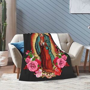 Our Lady of Guadalupe Virgin Mary Blessed Mother Virgen with Flowers(1) Flannel Fleece Throw Blankets Super Soft Cozy Warm Black 50inx40in