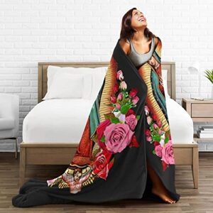 Our Lady of Guadalupe Virgin Mary Blessed Mother Virgen with Flowers(1) Flannel Fleece Throw Blankets Super Soft Cozy Warm Black 50inx40in