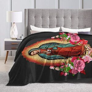 Our Lady of Guadalupe Virgin Mary Blessed Mother Virgen with Flowers(1) Flannel Fleece Throw Blankets Super Soft Cozy Warm Black 50inx40in