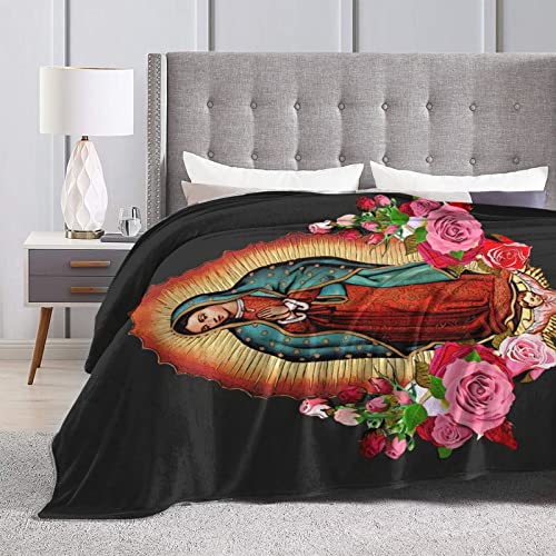 Our Lady of Guadalupe Virgin Mary Blessed Mother Virgen with Flowers(1) Flannel Fleece Throw Blankets Super Soft Cozy Warm Black 50inx40in