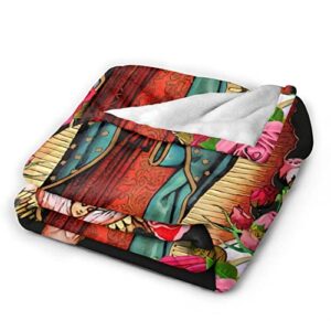 Our Lady of Guadalupe Virgin Mary Blessed Mother Virgen with Flowers(1) Flannel Fleece Throw Blankets Super Soft Cozy Warm Black 50inx40in