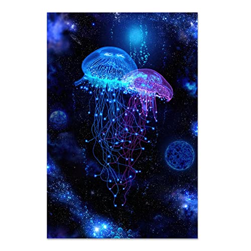 Jellyfish Canvas Poster Trippy Marine Life Wall Art Galaxy Universe Pictures Bathroom Bedroom Wall Decor Gift for Boys Girls, Unframed 40x60cm