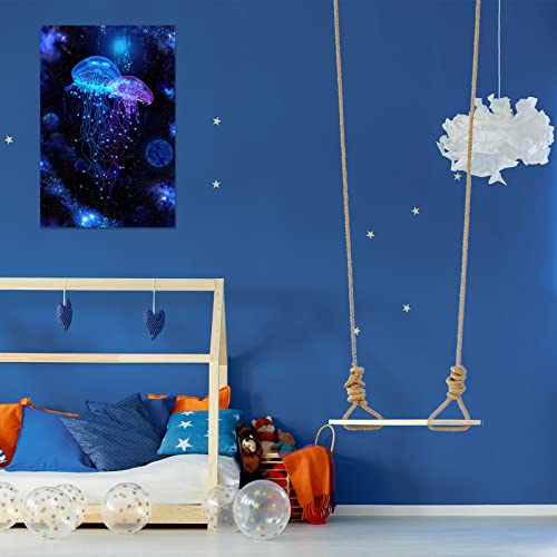 Jellyfish Canvas Poster Trippy Marine Life Wall Art Galaxy Universe Pictures Bathroom Bedroom Wall Decor Gift for Boys Girls, Unframed 40x60cm