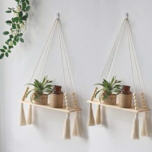 saved 2 pack wooden wall hanging shelves – macrame hanging plant shelf with tassel,boho storage floating shelves handmade rustic hanger planter rack pot stand holder for bedroom bathroom living room