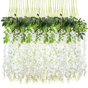 cewor 36 pack wisteria hanging flowers 3.7 feet artificial flowers fake wisteria vine hanging garland silk flowers string for wedding party home greenery wall decor (white)