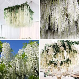 CEWOR 36 Pack Wisteria Hanging Flowers 3.7 Feet Artificial Flowers Fake Wisteria Vine Hanging Garland Silk Flowers String for Wedding Party Home Greenery Wall Decor (White)