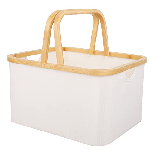 ANMINY Large Storage Basket with Natural Bamboo Handles Canvas Fabric Picnic Laundry Bin Water-Repellent Rectangular Closet Cabinet Shelf Box Foldable Decorative Nursery Clothes Toys Organizer - Beige