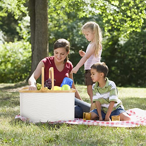 ANMINY Large Storage Basket with Natural Bamboo Handles Canvas Fabric Picnic Laundry Bin Water-Repellent Rectangular Closet Cabinet Shelf Box Foldable Decorative Nursery Clothes Toys Organizer - Beige