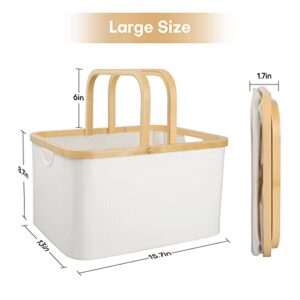 ANMINY Large Storage Basket with Natural Bamboo Handles Canvas Fabric Picnic Laundry Bin Water-Repellent Rectangular Closet Cabinet Shelf Box Foldable Decorative Nursery Clothes Toys Organizer - Beige