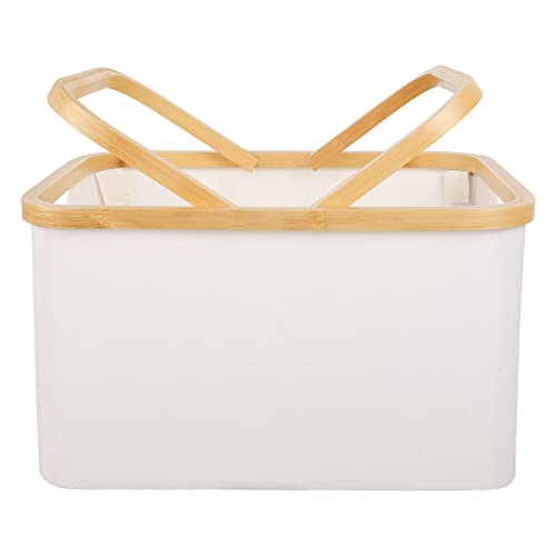 ANMINY Large Storage Basket with Natural Bamboo Handles Canvas Fabric Picnic Laundry Bin Water-Repellent Rectangular Closet Cabinet Shelf Box Foldable Decorative Nursery Clothes Toys Organizer - Beige