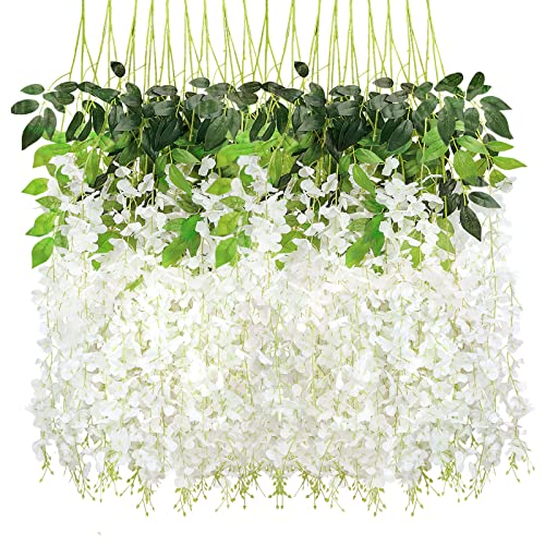 CEWOR 18 Pack Wisteria Hanging Flowers 3.7 Feet Artificial Flowers Fake Wisteria Vine Hanging Garland Silk Flowers String for Wedding Party Home Greenery Wall Decor (White)