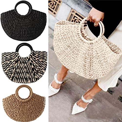 JUNYY Summer Beach Round Bucket Tote Bag For Women Woven Straw Bag Handmade Bohemian Rattan Handbag(Black)