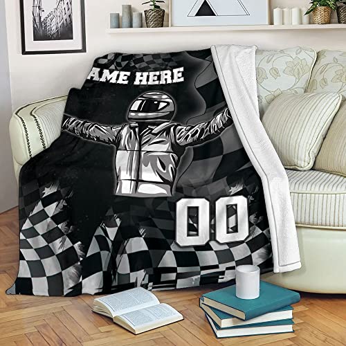 OhaPrints Custom Racing Lover Racer Checkered Flag Unique Gift Personalized Name Number Soft Sherpa Throw Blankets Cozy Fuzzy Fleece Throws for Tv Sofa Couch Comfy Fluffy Blanket 30X40 50X60 60X80